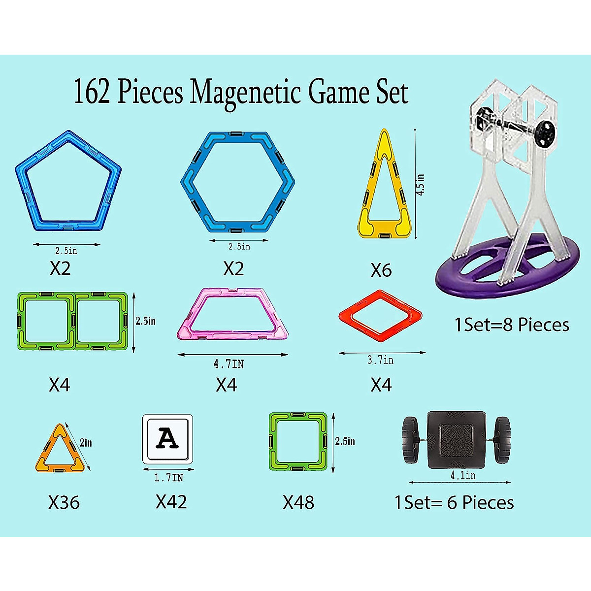 Dreambuilder Toy 162 Pieces 2nd Generation Magnetic Tiles Magnet Building Blocks with car Set and Educational Cards, Super Large Building Blocks Game Set