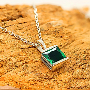 Shineadime Solitaire Pendant Necklace - Princess Cut Simulated Emerald Bar Set Along With 18" Chain In 14k White Gold Over Sterling Silver Jewelry for Women
