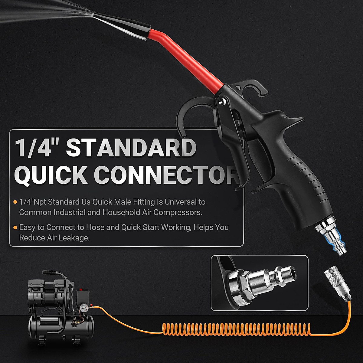 Air Blow Gun 290 Max PSI Air Blower for Compressor, 1/4" Air Inlet Air Nozzle Blow Gun Air Flow Trigger, Air Blower Gun with Rubber Tip Adapt to Air Compressors for Car Clean Care Detail Dust Removal