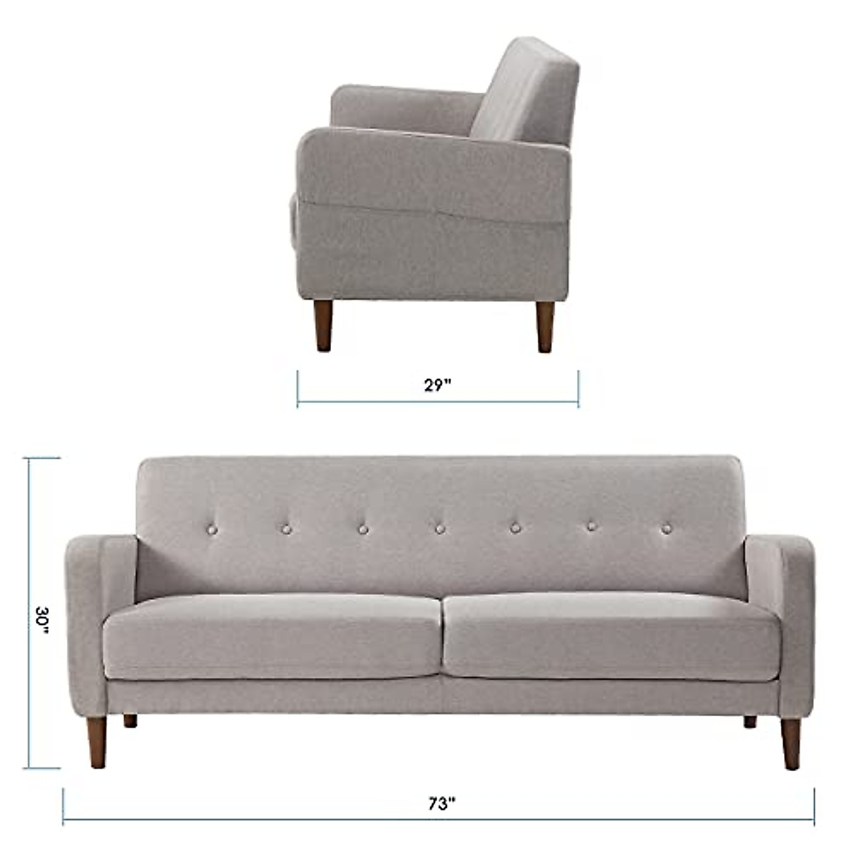 Mellow Adair Mid-Century Modern Loveseat/Sofa/Couch with Armrest Pockets, Light Grey