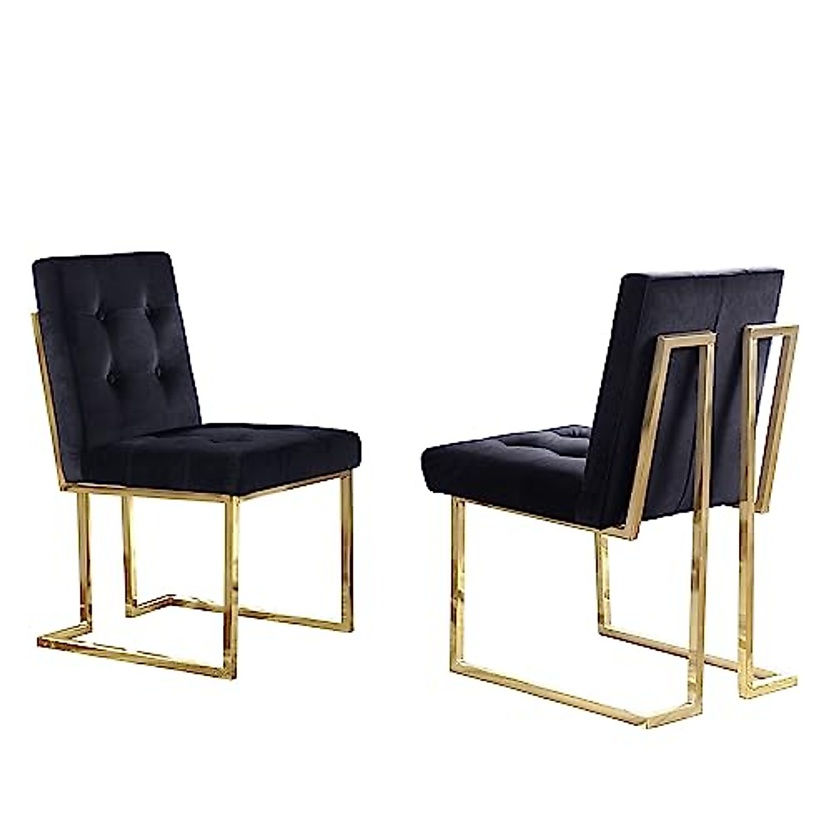 Iconic Home Liam Contemporary Brass Metal Frame Modern Tufted Velvet Polished Dining Side Chair, Black (Set Of 2)