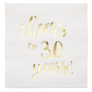 50 Pack Cheers to 30 Years Cocktail Napkins for 30th Birthday, Anniversary Party Supplies, 3-Ply, White and Gold Foil (5 x 5 In)