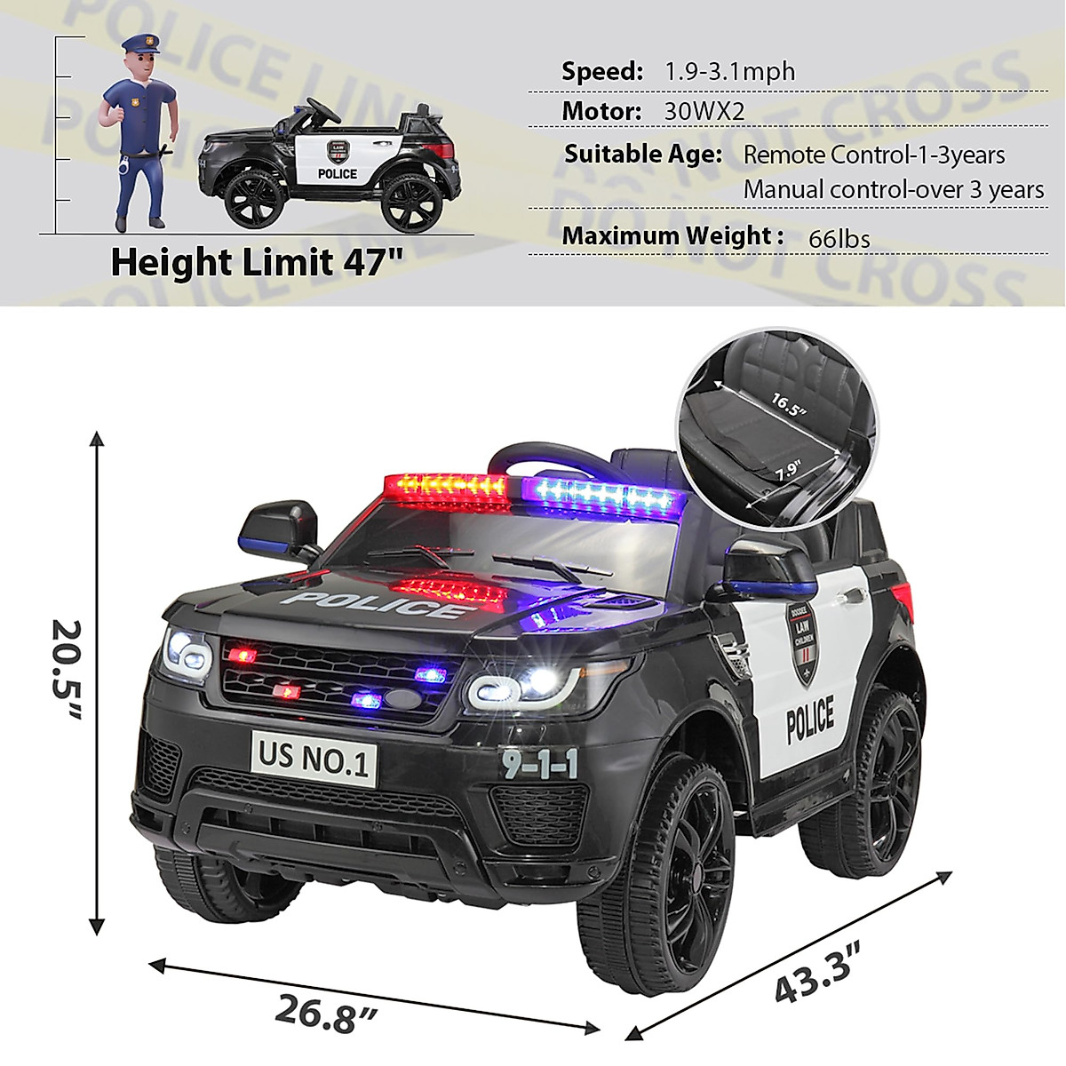 Police Car Ride On TOBBI Kid Car Cop Car for Kids to Drive with Parent Remote 12V Big Police Car Toys for Boys Toddler Electric Police Cars for Kids Ages 3-6 with Lights and Siren, Black