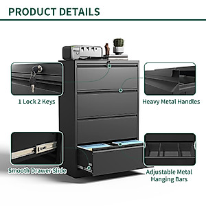 Yukimo Lateral File Cabinet with Lock, Metal File Cabinets for Home Office Legal/Letter A4 Size, File Cabinet with 4 Drawer Storage Cabinet, Black
