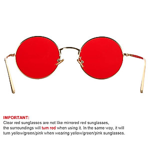 COASION Vintage Round Metal Sunglasses Small Red Halloween Glasses for Women Men (Gold Frame/Red Lens)