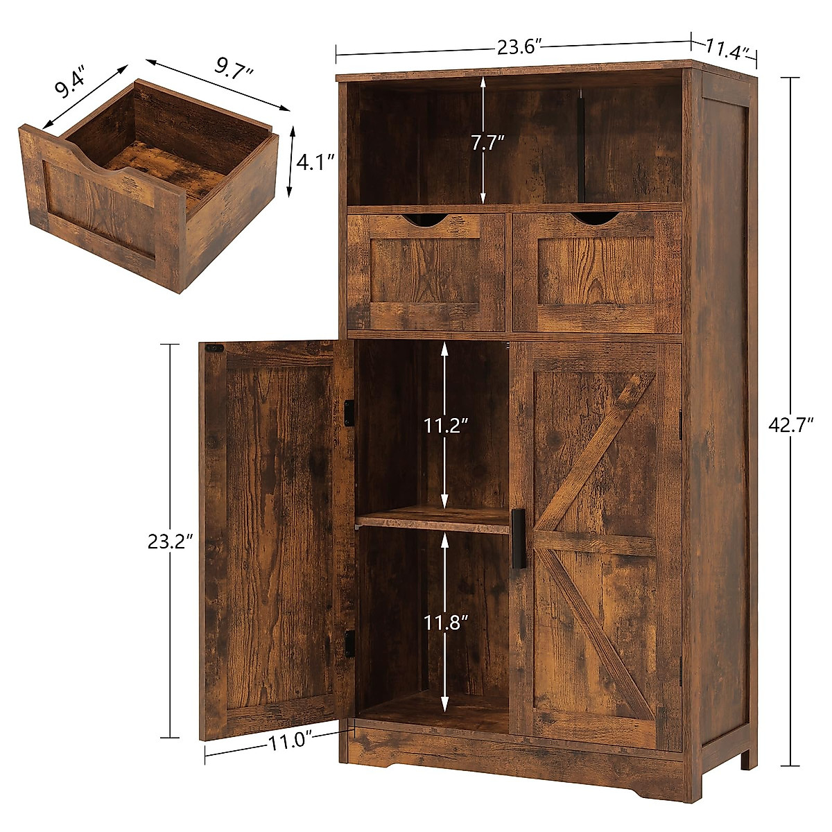 WEENFON Storage Cabinet with 2 Adjustable Drawers & 2 Barn Doors, Floor Cabinet, Freestanding Cupboard with Adjustable Shelf, for Living Room, Home Office, Kitchen, Rustic Brown