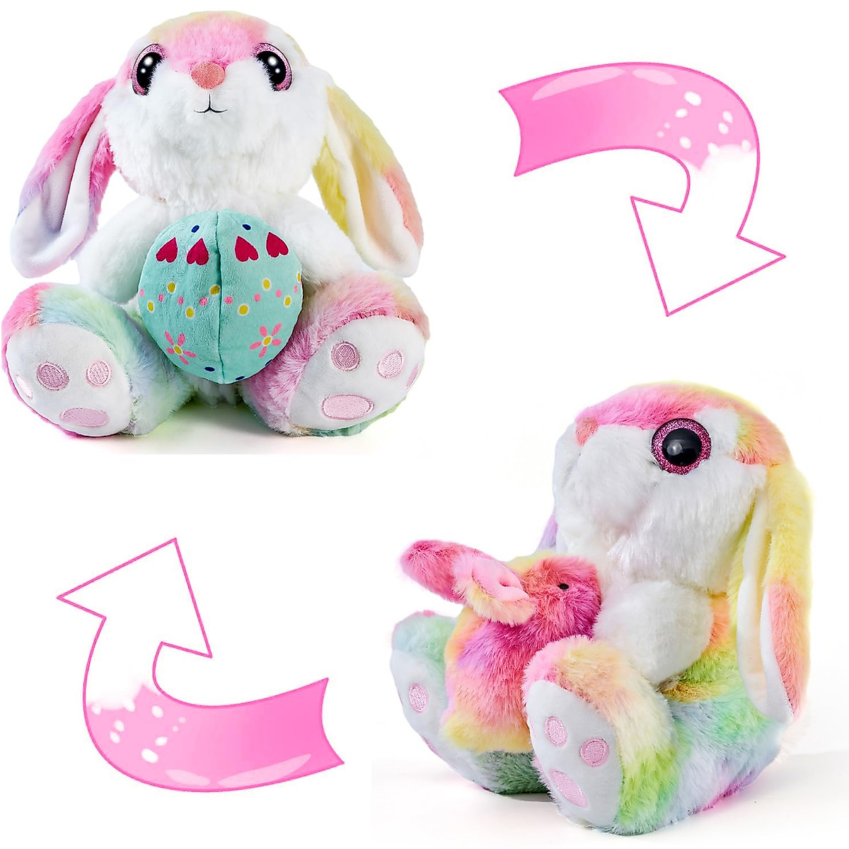 Nleio Easter Stuffed Bunny with Egg(Reversible), 8.5" Plush Rabbit with Floppy Ears, Huggable & Washable Easter Stuffed Animals Cute Bunny Plush Toy for Kids Girls Boys Birthday Easter Gifts (Color)