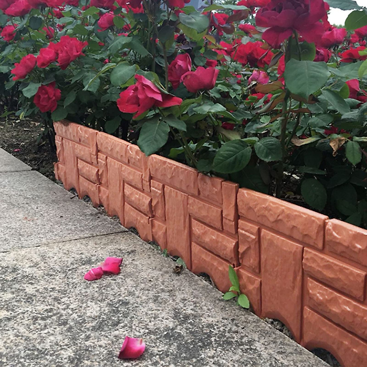 SUBBYE Plastic Flower Bed Edging Fencing for Garden Decor - Tall 23cm Red Stone Brick Effect Portable Lawn Edging Interlocking Panels, 6 Pack