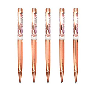 Gullor 5 Pieces Liquid Floral Ballpoint Pens for Gift, Fancy Metal Unique Flower Set for Desk Accessories, Rose gold
