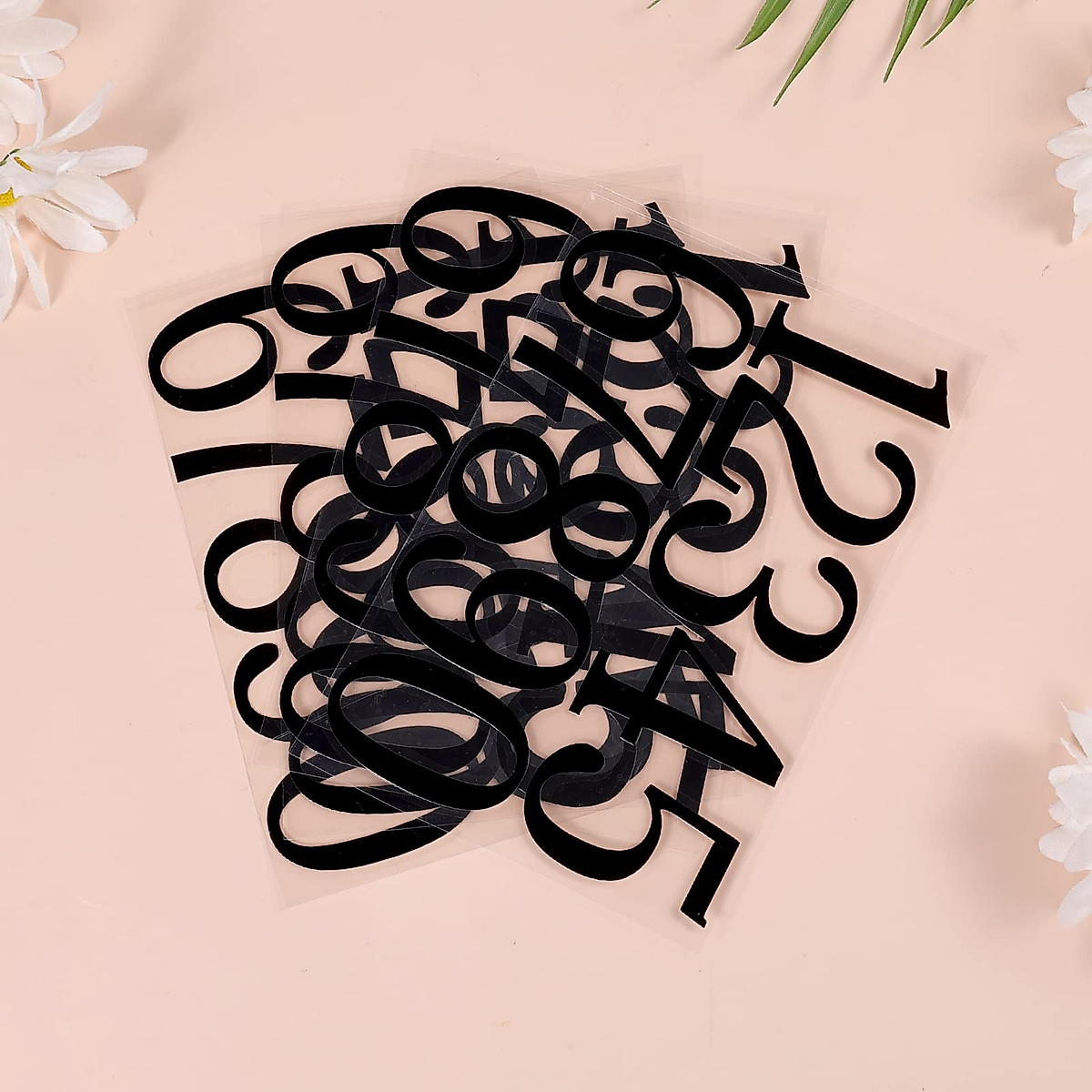 AIEX 2 Inch Vinyl Reflective Mailbox Number Stickers, 4 Sheets Waterproof Self-Adhesive Mailbox Decals with 2pcs Flower Border Decoration for Outside Sign Window Door Car House Address Numbers (Black)