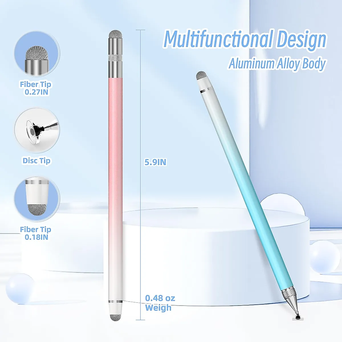 Stylus Pens for Touch Screen (2PCS), High Precision 3-in-1 Fiber Tip Stylus with Disc Stylus for iPad Compatible with iPhone/Android/iPad/Tablets & All Touch Screens (Blue/Pink)