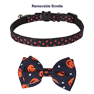PTDECOR Halloween Cat Collars with Bow Tie Bell, 2 Pack Breakaway Kitten Collar with Removable Bowtie Pumpkin Halloween Collar for Girl Boy Cats (Black & Yellow)