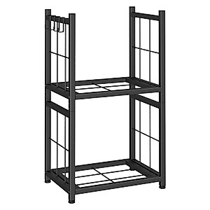 Firewood Rack Indoor, Portable 2 Tier Firewood Rack, Sturdy and Easy to Assemble Construction, Outdoor Firewood Rack with 4 Hooks for Storing Wood Logs for Fireplaces, Fire Pits and Stoves - Black
