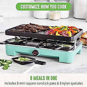 GreenLife Raclette Indoor Tabletop Grill, Healthy Ceramic Nonstick, 2-in-1 Grill and Griddle, 8 Square Nonstick Pans, Adjustable Temperature Control, Easy Indicator Light, PFAS-Free, Turquoise