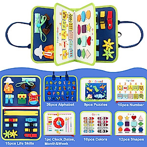 Busy Board, Toddler Busy Book for 1 2 3 4 Year-Old Boys Girls Birthday Gifts - 8 in 1 Preschool Educational Learning Toys with Alphabet Count Motor Skill, Toddler Travel Toys
