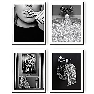 Admmixoo Funny Bathroom Decor Wall Art Prints Glam Glitter Tissue Bathroom Toilet Paper Artwork for Wall Black and White Modern Fashion Art Decor (8"x10" UNFRAMED)