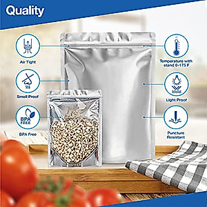 BELLE KR® 100 Pcs Mylar Bags for Food Storage With Oxygen Absorber 500cc - Large Mylar bags 1 Gallon(10x14), 7x10 & 5x8, 4x6 with 1 Side Clear - (25 Pcs Each) Stand Up Mylar Bags with 100 Labels
