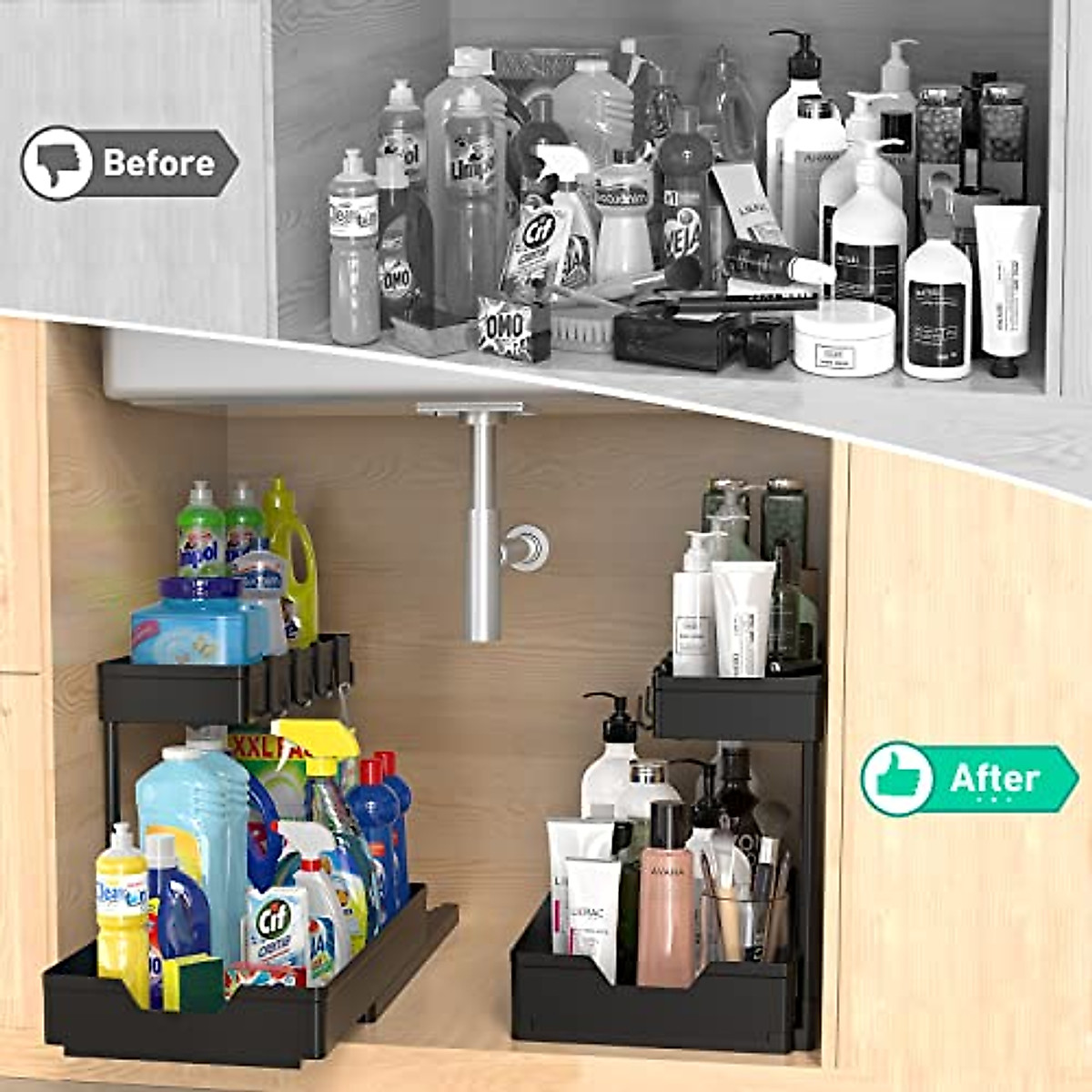 Mastom Under Sink Organizers and Storage, Kitchen Bathroom Sink Organizer with Hooks, 2 Tier L Shaped Pull Out Under Cabinet Basket Storage with Sliding Drawers, Black