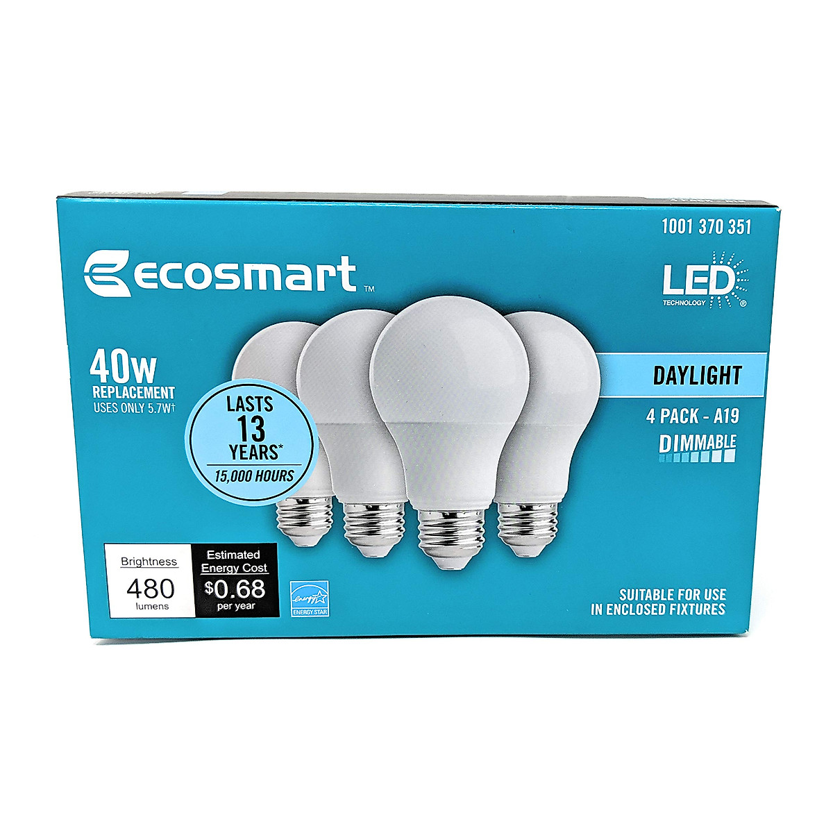 EcoSmart 40W Equivalent Daylight A19 Energy Star + Dimmable LED Light Bulb (4-Pack)