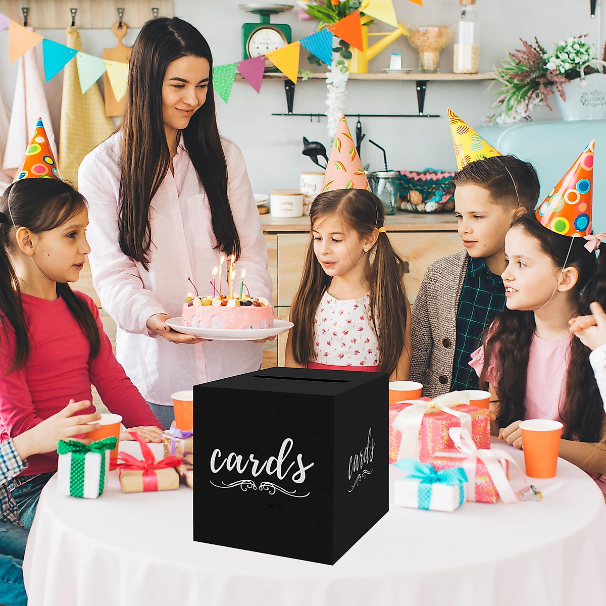 sunepany Black Card Box wedding envelope box Cardboard Silver Card Box with Slot Card Box for Wedding Bridal & Baby Shower Birthday Party Graduation card receiving box