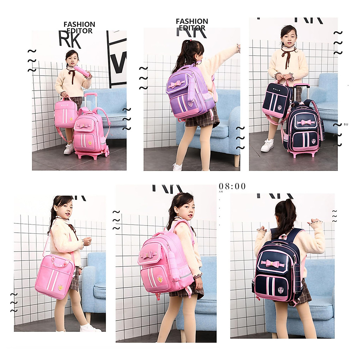 ZHANAO Rolling Trolley Bag Wheeled Backpack Bowknot for Girls Primary Schoolbag 3Pcs with Crossbody Bag Pencil Case