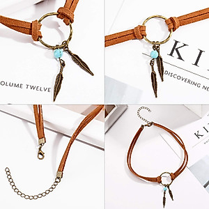 Hicarer 2 Sets Native American Jewelry Set for Women 2 Pieces Faux Suede Choker Necklace Faux Leather Choker and 2 Pairs Bohemian Artificial Feather Earrings Boho Dream Catcher Earring Western Jewelry