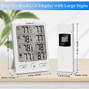 Geevon Indoor Outdoor Thermometer Wireless with 3 Remote Sensors, Digital Hygrometer Indoor Thermometer, Temperature Humidity Monitor Gauge with 200FT/60M Range (White)