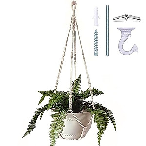 Bouqlife 43 Inches Macrame Plant Hanger Large for 12 inch Pot Extra Long No Tassel Cotton Rope Hanging Plant Holder with Ceiling Hook Bohemian Home Decor