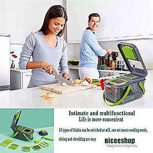 niceeshop Upgraded version multifunctional vegetable cutter mandolin slicer and peeler 20 in 1 vegetable cutter potato onion dicing machine with transparent container.