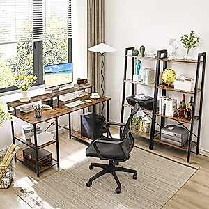 IBUYKE 55" Computer Desk, Office Table, Gaming Workstation with Storage Shelves/Monitor Stand, Study Table for Home Office, Space-Saving, Easy to Assemble, Rustic Brown and Black UTMJ056H