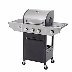 Propane Grill with Side Burner and Temperature Gauge - Stainless Steel Gas Grill with 3 Heads and 430 Thickness - Outdoor Cooking Grill with Electronic Ignition System and Cast Iron Cooking Grids