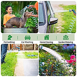 Yereen Coil Garden Hose 25FT, EVA Recoil Garden Hose, Transparent Self-coiling Water Hose with 3/4" Brass Connector Fittings with 10 Function Spray Nozzle, Blue