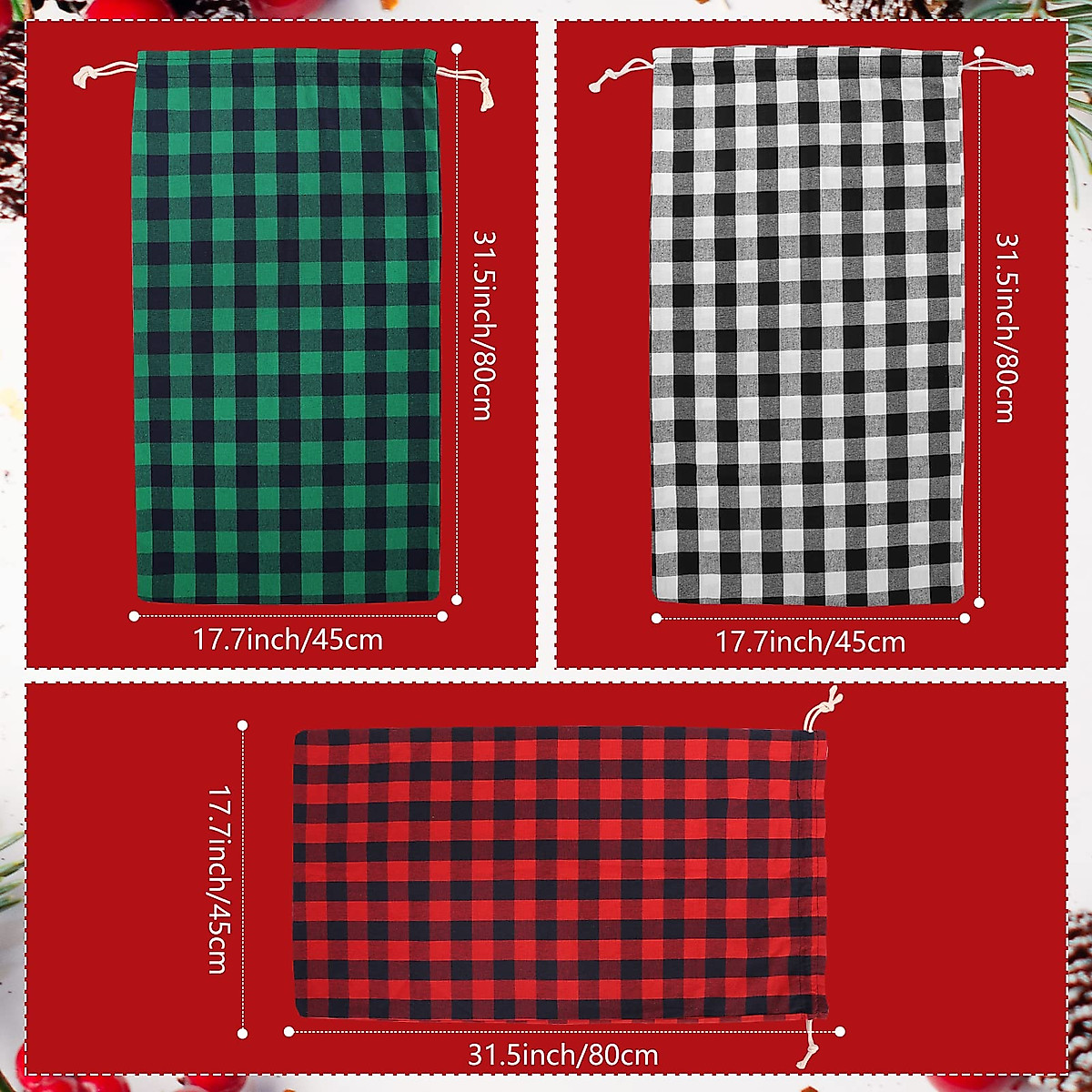 Aboofx 3 Pack Extra Large Christmas Bags with Drawstring, 31.5 x 17.7 Inch Large Plaid Fabric Bags Santa Sack Present Bags Stocking Storage for Christmas Party Xmas Ornaments Supplies