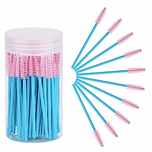 Cuttte 100pcs Disposable Mascara Brushes Wands with Container, Eyelash Brush Spoolie Brushes for Eyelash Extensions and Mascara Use Pink