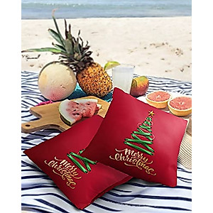 Outdoor Waterproof Throw Pillow Covers, Christmas Tree Furniture Decorative Throw Pillowcase Set of 2, Green Xmas Tree with Star Christmas Red Cushion Case for Patio Tent Couch 18x18 Inch