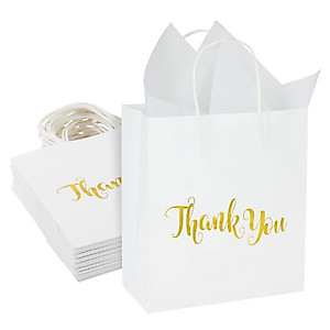 Juvale 15 Pack White Thank You Paper Gift Bags with Handles, Tissue Paper for Wedding, Baby Shower, Birthday Party Favors (8 x 4 x 8.8 In)