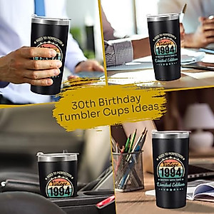Jettryran 30th Birthday Gifts for Women Men 30 Years Old Gifts- 20 oz Double-sided Vintage 1994 with Time Information Tumbler Cup（black） Turning 30- TB001