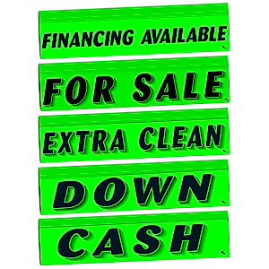 Versa Tags Windshield Slogan Stickers 12 Pack Each of FINANCING Available, for Sale, Extra Clean, Down, Cash (60) Window Stickers Total Dealership Stickers Black On Green