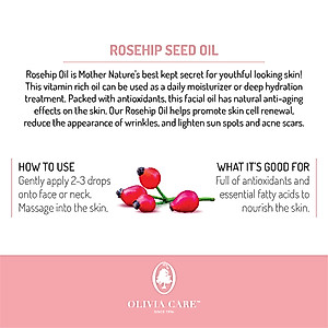 Olivia Care Rosehip Seed Oil Serum Natural Moisturizer for Face, Body & Skin with Vitamins E, C, A & Omega 6, Perfect for Treating Wrinkles, Acne Scars, Sun Spots, Dark Circles & Anti-Aging - 1 OZ