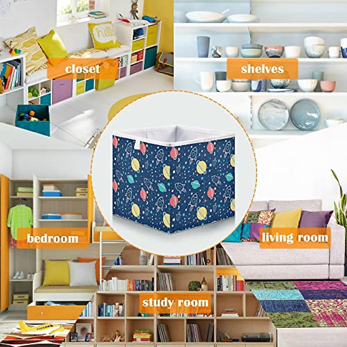Blueangle Outer Space Pattern Cube Storage Bin, 11 x 11 x 11 in, Large Collapsible Organizer Storage Basket for Home Décor（683）