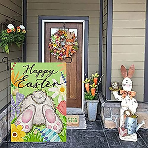 CROWNED BEAUTY Happy Easter Bunny Tail Garden Flag Floral 12x18 Inch Double Sided for Outside Burlap Small Yard Holiday Decoration CF704-12