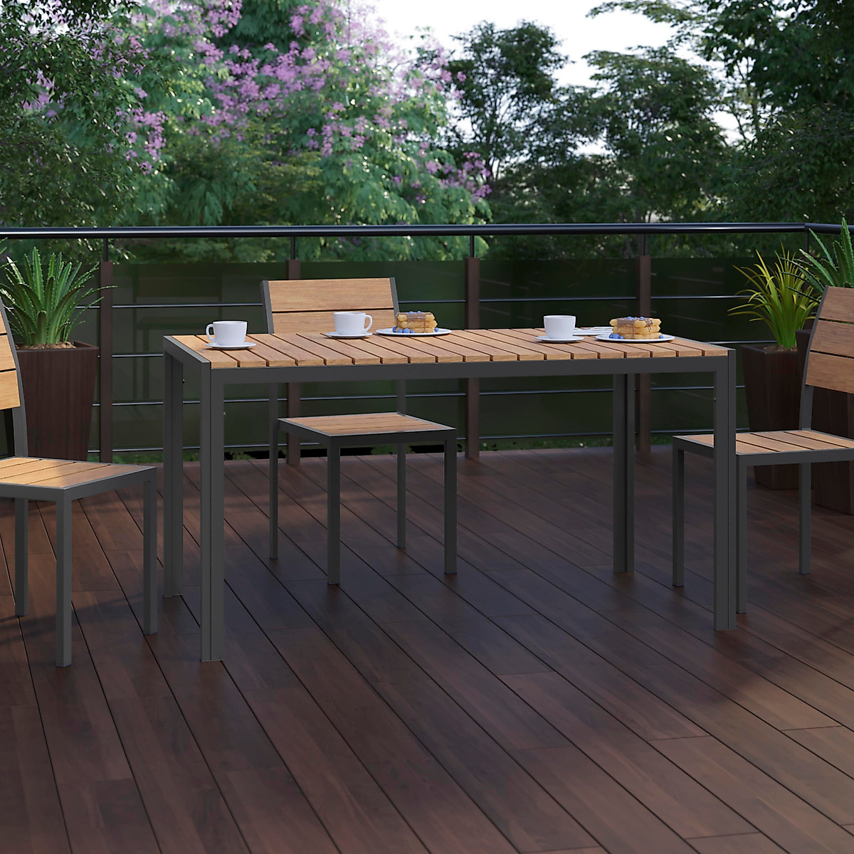 Flash Furniture Finch Commercial Grade Outdoor Dining Table 55" x 31" with Faux Teak Poly Slats and Metal Frame, Natural/Gray