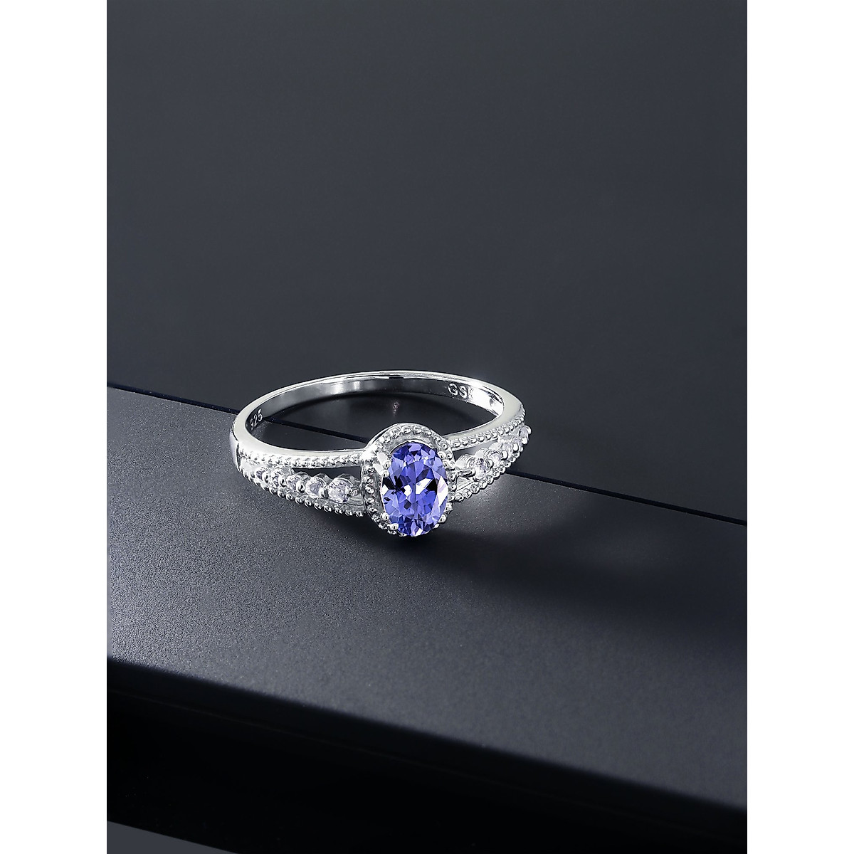 1.00 Ct Natural Oval Tanzanite and White Topaz 925 Sterling Silver Women's Ring, ring size 7
