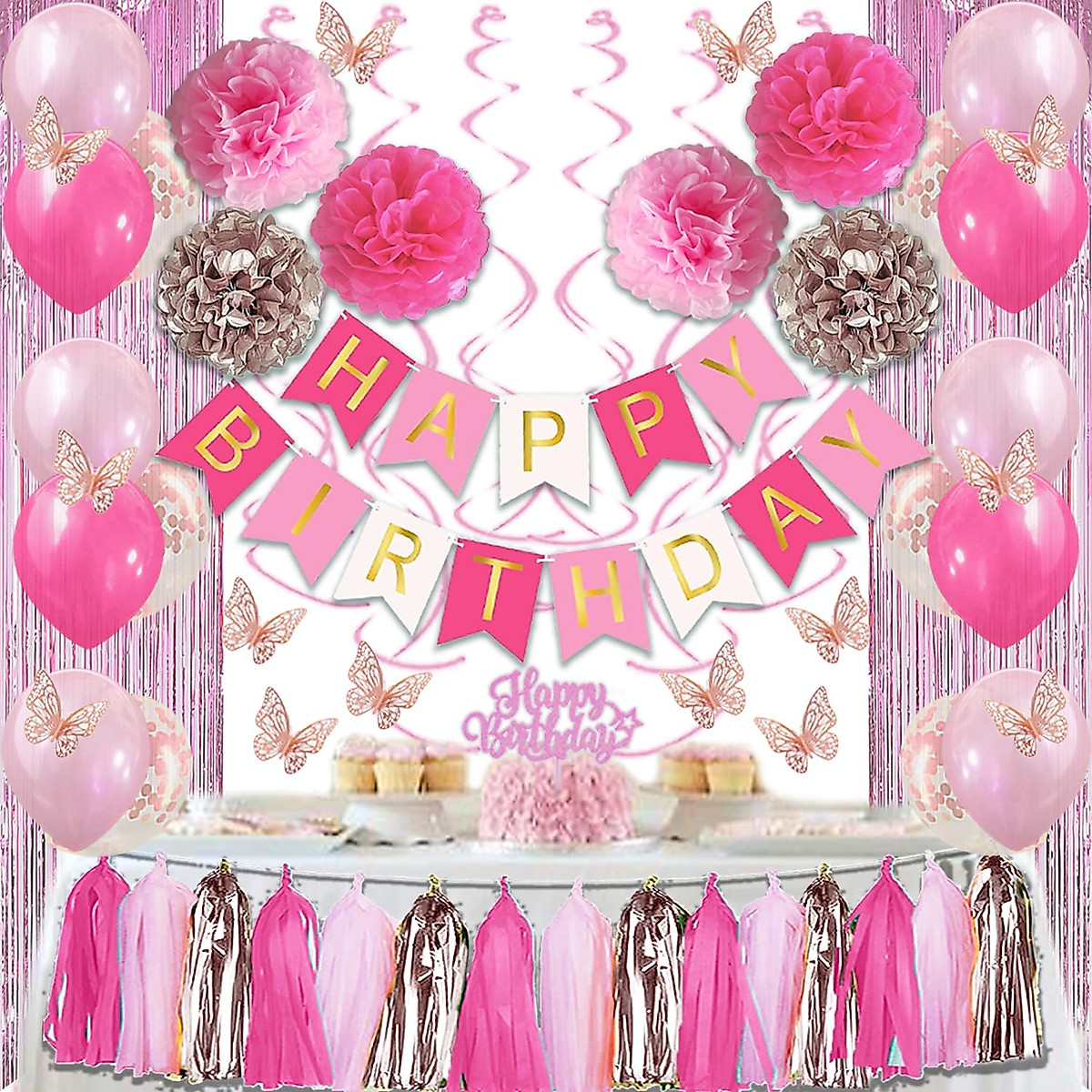 GoExquis Hot Pink Rose Gold Birthday Decorations for Women Girls Butterfly Decor Cake Topper Hanging Swirls Foil Curtain Tassel Garlands Paper Pom Poms Happy Birthday Banner Balloons