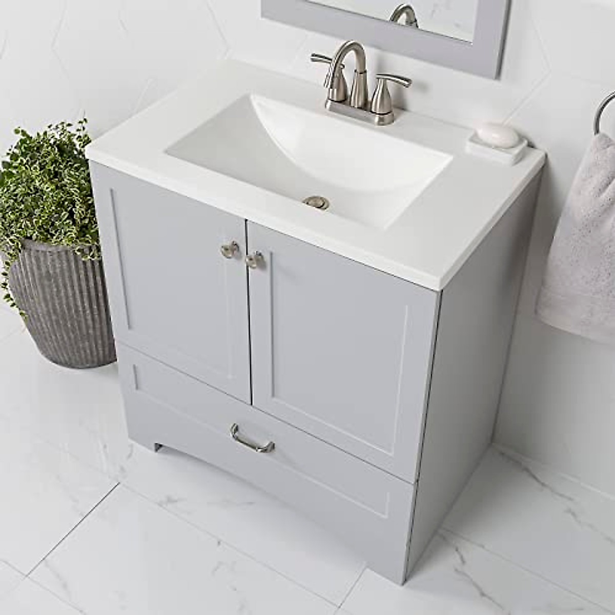 Spring Mill Cabinets Emlyn 30 Inch Bathroom Vanity with White Single Sink Top, 2-Door Cabinet, 1 Drawer, 30.5" W x 18.75" D x 32.89" H, Pearl Gray
