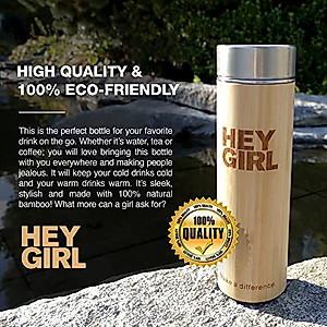 Hey Girl Bamboo Tea Infuser Bottle with Tea Strainer - Insulated Stainless Steel Water Bottle for Loose Leaf Tea & Coffee - Tea Tumbler with Diffuser - Loose Tea Bottle or Thermos Travel Mug - 18 oz