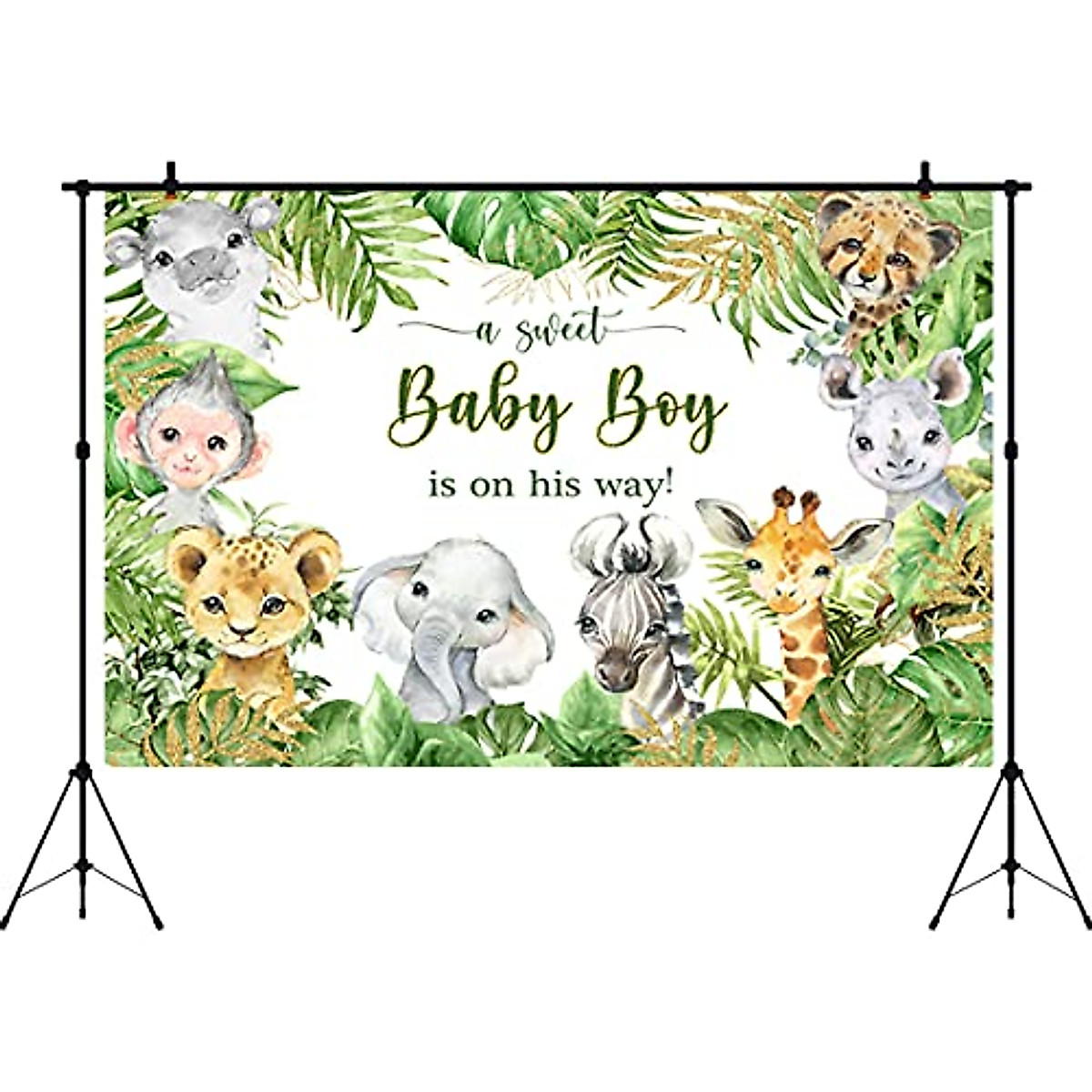 Aperturee 5x3ft Jungle Safari Animals Bbay Shower Backdrop Baby Boy is On His Way It's a Boy Photography Background Green Leaves Photo Booth Studio Cake Table Banner Party Decorations Props Supplies