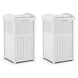Suncast Wicker Resin Outdoor Hideaway Trash Can Bin with Latching Lid for Use in Backyard, Deck, or Patio, White (2 Pack)