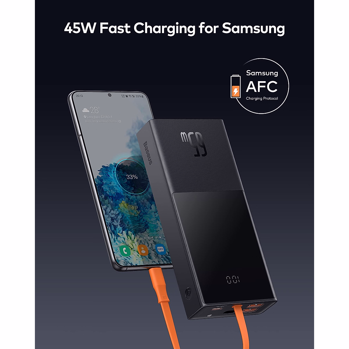 Baseus Powerbank 65 W for Laptop, 20000 mAh Power Bank USB C, Integrated USB-C Cable, External Battery QC 3.0 with 4 Outputs for Lenovo, HP, Dell, MacBook Pro, iPhone, Samsung