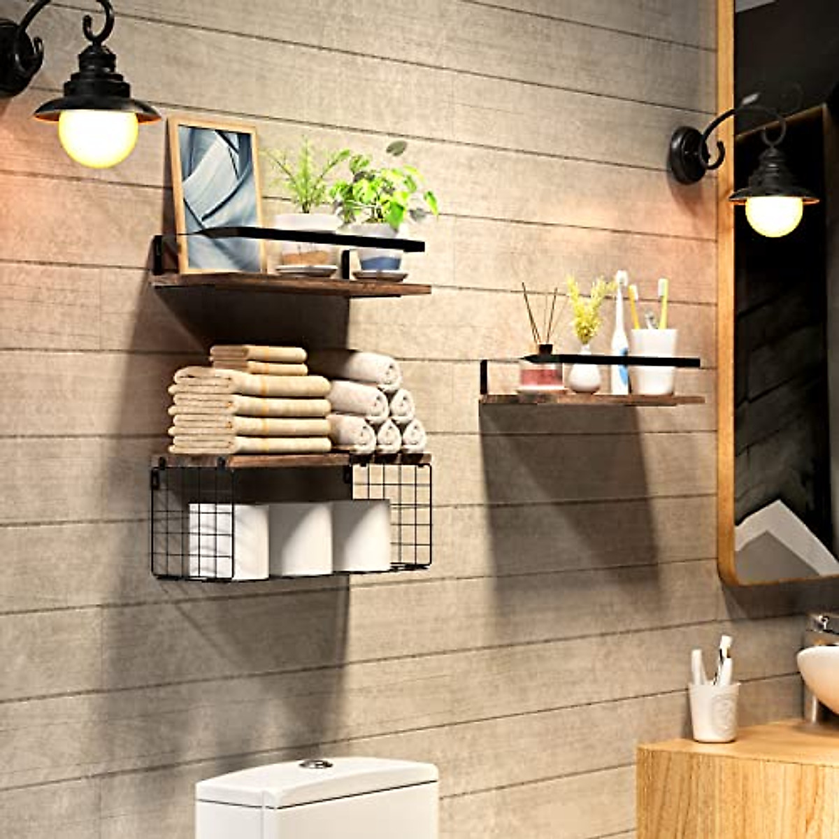 Floating Shelves Wall Mounted Set of 3, Rustic Wood Wall Shelves for Wall Decor Bathroom Shelves Over Toilet with Paper Storage Basket for Home Decor, Laundry Room Storage Shelves (Carbonized Brown)